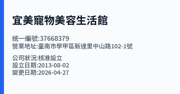 宜美寵物美容生活館的照片-統編 37668379(臺南市) 公司登記資料與營業項目詳細圖表