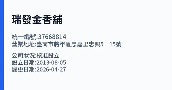 瑞發金香舖的照片-統編 37668814(臺南市) 公司登記資料與營業項目詳細圖表