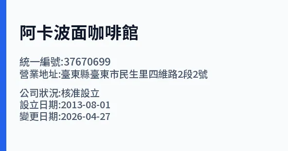 阿卡波面咖啡館的照片-統編 37670699(臺東縣) 公司登記資料與營業項目詳細圖表