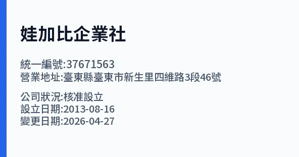 娃加比企業社的照片-統編 37671563(臺東縣) 公司登記資料與營業項目詳細圖表