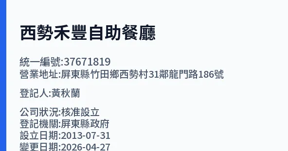 西勢禾豐自助餐廳的照片-統編 37671819(屏東縣) 公司登記資料與營業項目詳細圖表