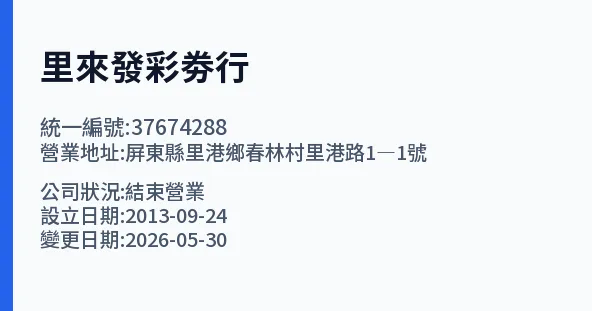 里來發彩劵行的照片-統編 37674288(屏東縣) 公司登記資料與營業項目詳細圖表