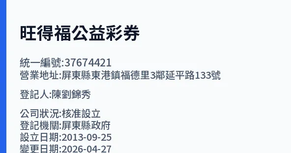 旺得福公益彩券的照片-統編 37674421(屏東縣) 公司登記資料與營業項目詳細圖表