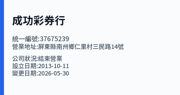 成功彩券行的照片-統編 37675239(屏東縣) 公司登記資料與營業項目詳細圖表
