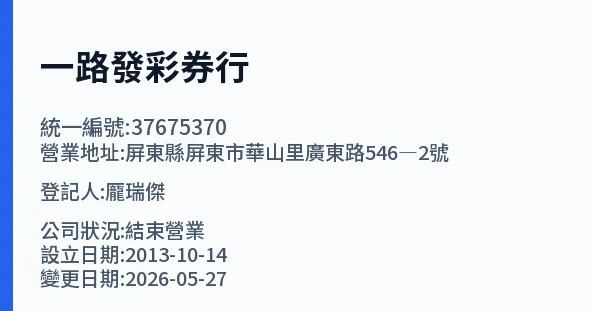 一路發彩券行的照片-統編 37675370(屏東縣) 公司登記資料與營業項目詳細圖表