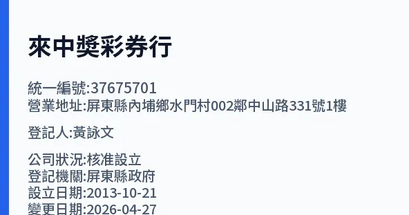 來中奬彩券行的照片-統編 37675701(屏東縣) 公司登記資料與營業項目詳細圖表