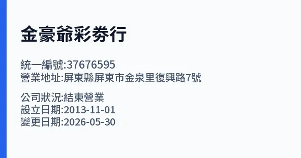 金豪爺彩劵行的照片-統編 37676595(屏東縣) 公司登記資料與營業項目詳細圖表