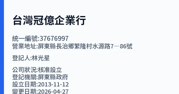 台灣冠億企業行的照片-統編 37676997(屏東縣) 公司登記資料與營業項目詳細圖表