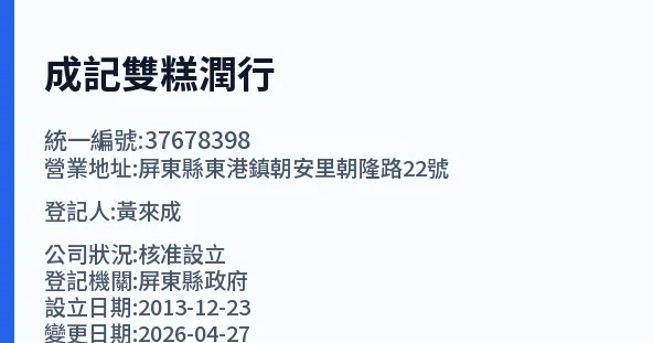 成記雙糕潤行的照片-統編 37678398(屏東縣) 公司登記資料與營業項目詳細圖表
