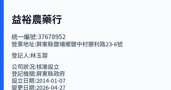 益裕農藥行的照片-統編 37678952(屏東縣) 公司登記資料與營業項目詳細圖表