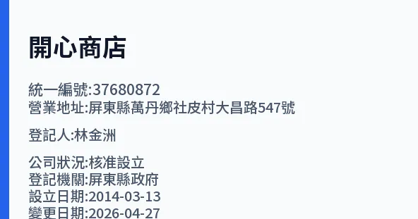開心商店的照片-統編 37680872(屏東縣) 公司登記資料與營業項目詳細圖表