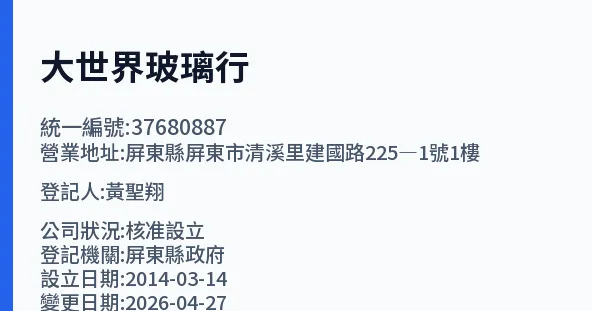 大世界玻璃行的照片-統編 37680887(屏東縣) 公司登記資料與營業項目詳細圖表