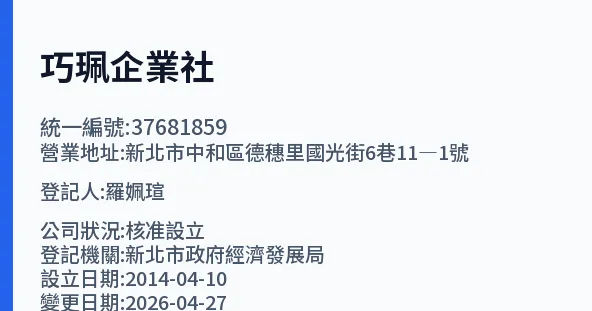 巧珮企業社的照片-統編 37681859(新北市) 公司登記資料與營業項目詳細圖表