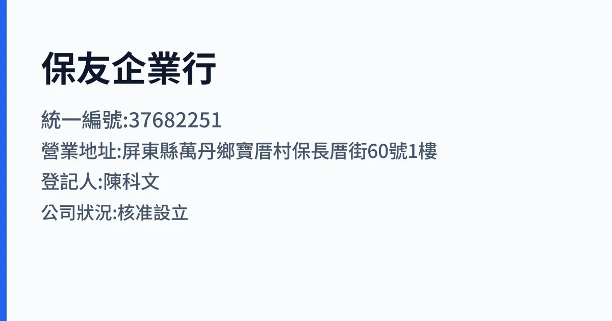 保友企業行 - 統編 37682251(屏東縣) 公司登記資料與營業項目詳細圖表