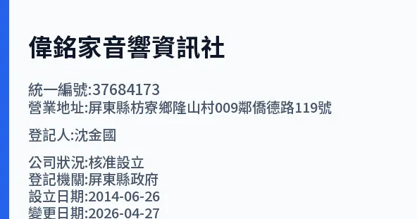 偉銘家音響資訊社的照片-統編 37684173(屏東縣) 公司登記資料與營業項目詳細圖表