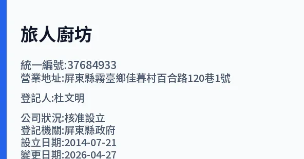 旅人廚坊的照片-統編 37684933(屏東縣) 公司登記資料與營業項目詳細圖表