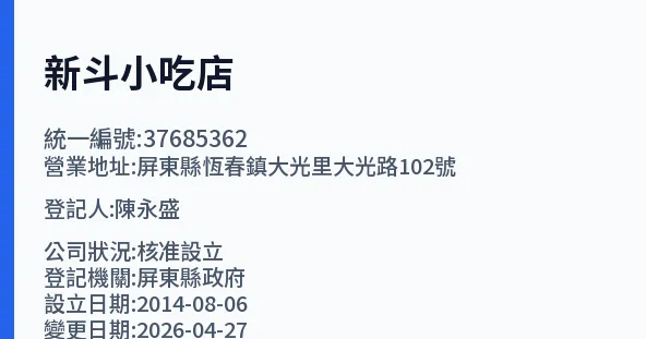 新斗小吃店的照片-統編 37685362(屏東縣) 公司登記資料與營業項目詳細圖表