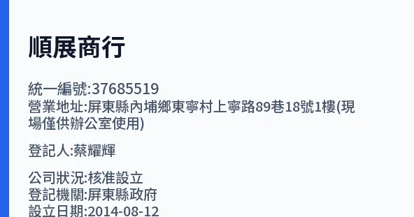 順展商行的照片-統編 37685519(屏東縣) 公司登記資料與營業項目詳細圖表
