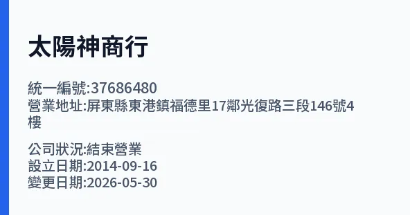 太陽神商行的照片-統編 37686480(屏東縣) 公司登記資料與營業項目詳細圖表