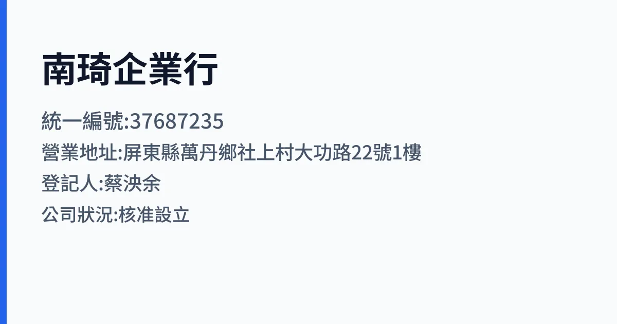 南琦企業行 - 統編 37687235(屏東縣) 公司登記資料與營業項目詳細圖表