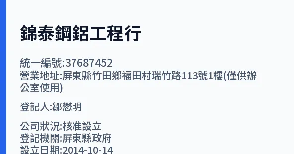錦泰鋼鋁工程行的照片-統編 37687452(屏東縣) 公司登記資料與營業項目詳細圖表