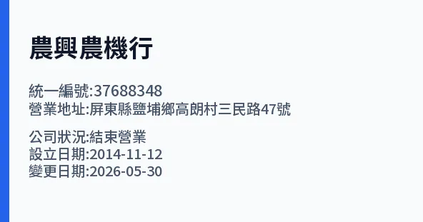 農興農機行的照片-統編 37688348(屏東縣) 公司登記資料與營業項目詳細圖表