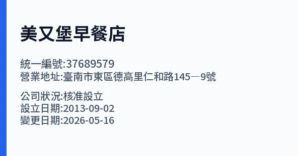 美又堡早餐店的照片-統編 37689579(臺南市) 公司登記資料與營業項目詳細圖表