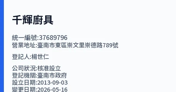 千輝廚具的照片-統編 37689796(臺南市) 公司登記資料與營業項目詳細圖表