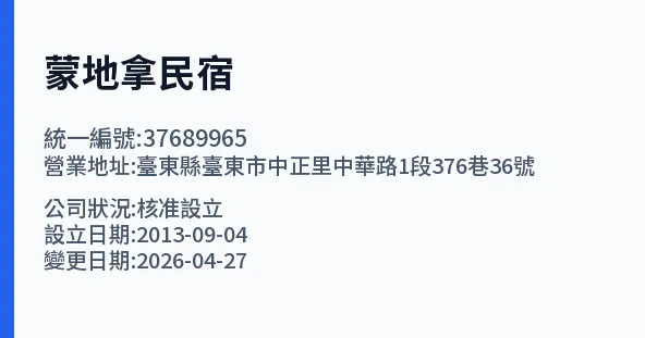蒙地拿民宿的照片-統編 37689965(臺東縣) 公司登記資料與營業項目詳細圖表