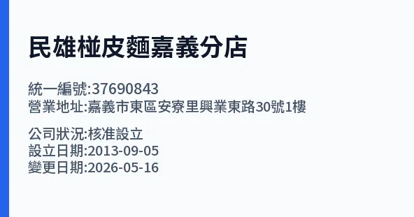 民雄椪皮麵嘉義分店的照片-統編 37690843(嘉義市) 公司登記資料與營業項目詳細圖表