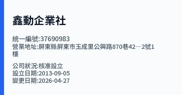 鑫動企業社的照片-統編 37690983(屏東縣) 公司登記資料與營業項目詳細圖表