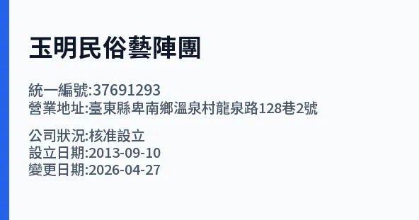 玉明民俗藝陣團的照片-統編 37691293(臺東縣) 公司登記資料與營業項目詳細圖表