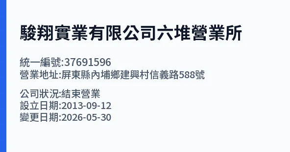 駿翔實業有限公司六堆營業所的照片-統編 37691596(屏東縣) 公司登記資料與營業項目詳細圖表
