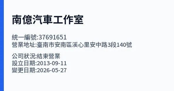 南億汽車工作室的照片-統編 37691651(臺南市) 公司登記資料與營業項目詳細圖表
