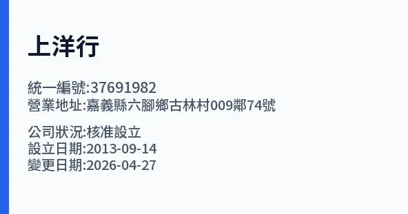 上洋行的照片-統編 37691982(嘉義縣) 公司登記資料與營業項目詳細圖表