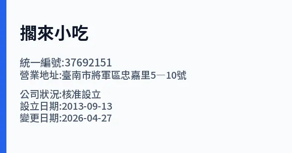 擱來小吃的照片-統編 37692151(臺南市) 公司登記資料與營業項目詳細圖表