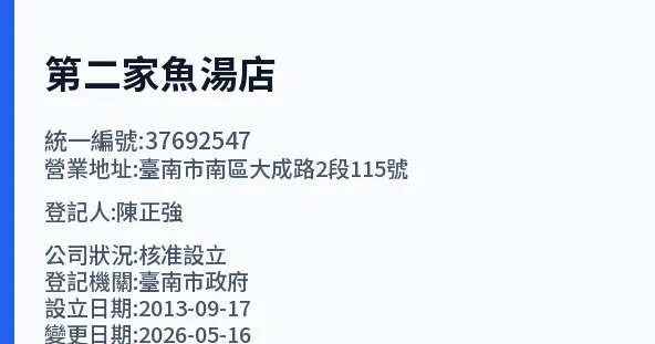 第二家魚湯店的照片-統編 37692547(臺南市) 公司登記資料與營業項目詳細圖表
