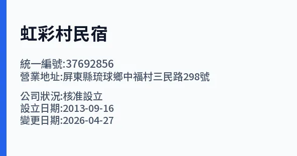 虹彩村民宿的照片-統編 37692856(屏東縣) 公司登記資料與營業項目詳細圖表