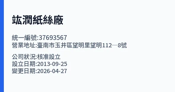 竑潤紙絲廠的照片-統編 37693567(臺南市) 公司登記資料與營業項目詳細圖表