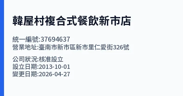 韓屋村複合式餐飲新市店的照片-統編 37694637(臺南市) 公司登記資料與營業項目詳細圖表