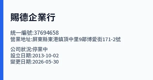 賜德企業行的照片-統編 37694658(屏東縣) 公司登記資料與營業項目詳細圖表