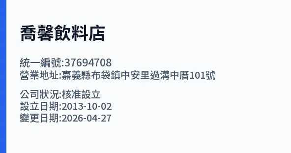 喬馨飲料店的照片-統編 37694708(嘉義縣) 公司登記資料與營業項目詳細圖表