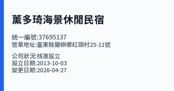 薰多琦海景休閒民宿的照片-統編 37695137(臺東縣) 公司登記資料與營業項目詳細圖表