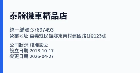泰騎機車精品店的照片-統編 37697493(嘉義縣) 公司登記資料與營業項目詳細圖表
