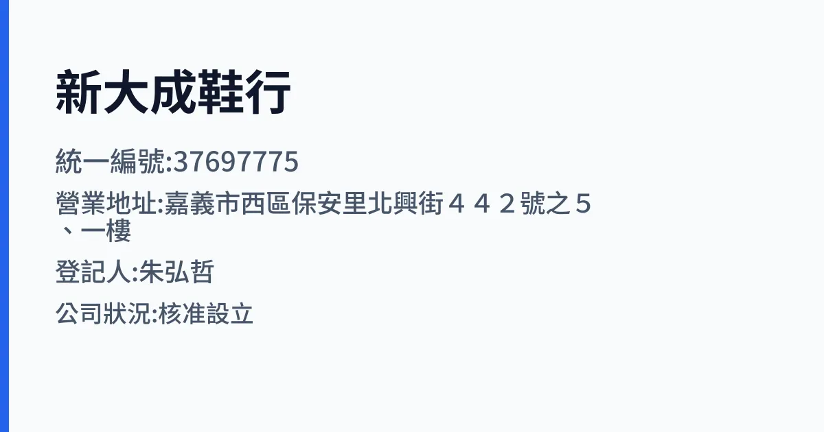 新大成鞋行 - 統編 37697775(嘉義市) 公司登記資料與營業項目詳細圖表