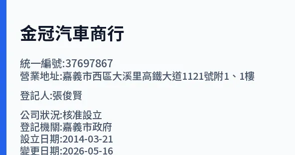 金冠汽車商行的照片-統編 37697867(嘉義市) 公司登記資料與營業項目詳細圖表
