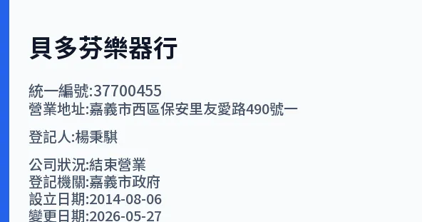 貝多芬樂器行的照片-統編 37700455(嘉義市) 公司登記資料與營業項目詳細圖表