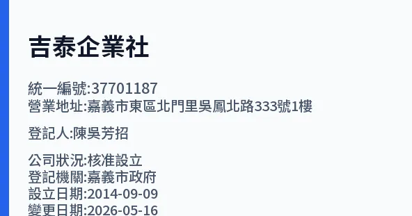 吉泰企業社的照片-統編 37701187(嘉義市) 公司登記資料與營業項目詳細圖表