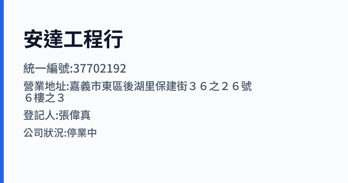 安達工程行 - 統編 37702192(嘉義市) 公司登記資料與營業項目詳細圖表