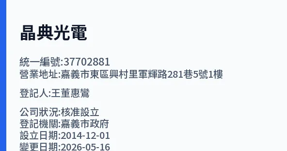 晶典光電的照片-統編 37702881(嘉義市) 公司登記資料與營業項目詳細圖表